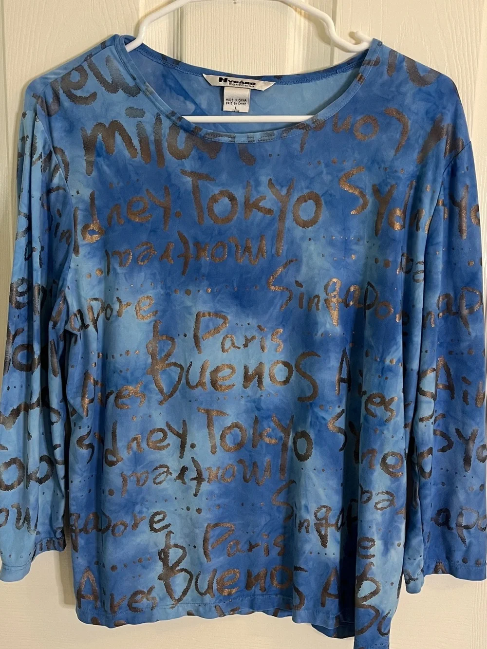 Nygard Collection | Tops | Blue Script Travel Print Long Sleeve Top ...